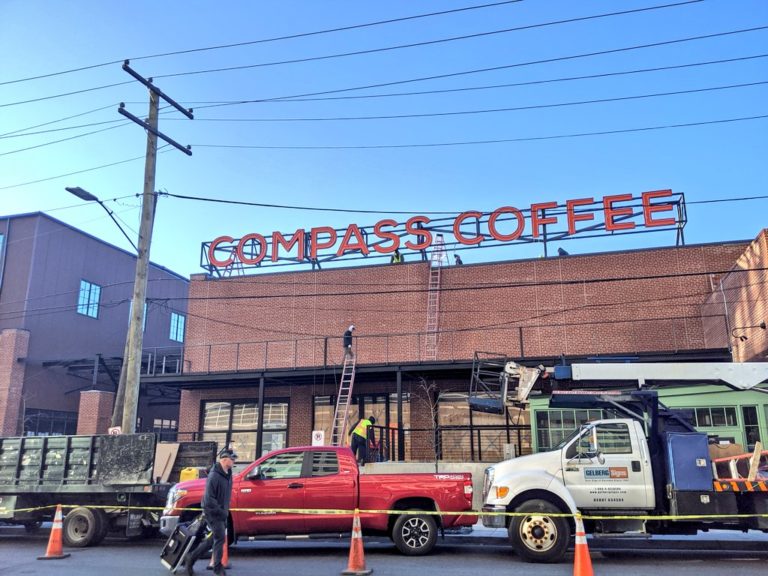 “Giant Compass Coffee sign installation almost complete in Ivy City ...